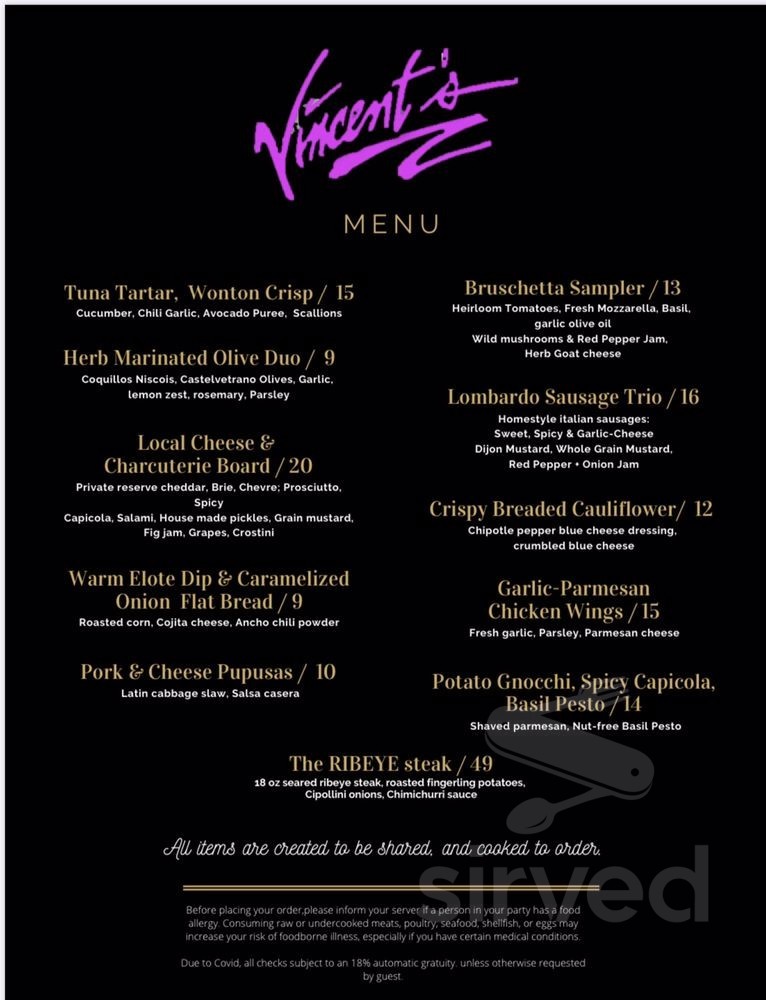 Vincent's Nightclub menu in Randolph, Massachusetts, USA