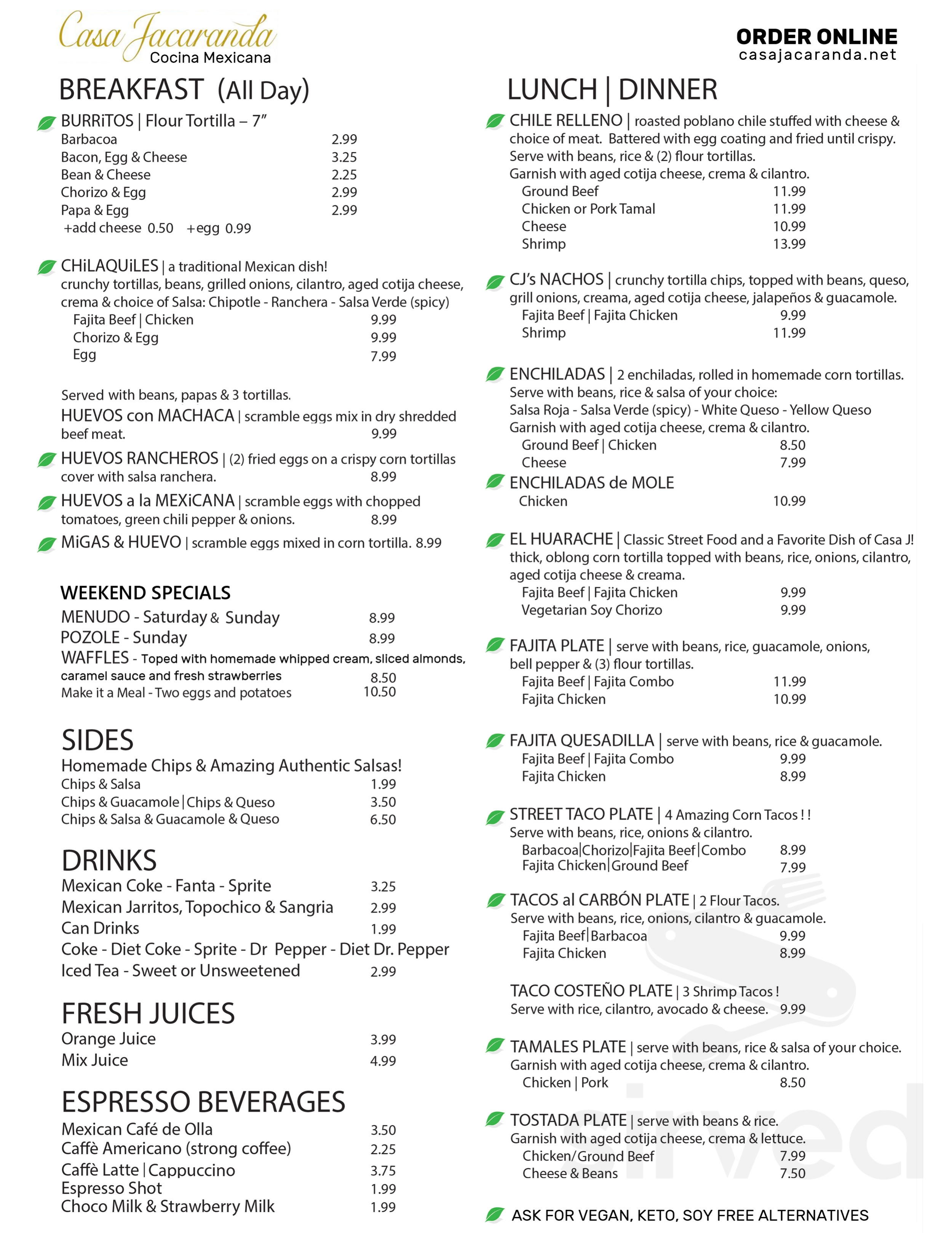 Casa Jacaranda - Cocina Mexicana Mansfield TX menu in Mansfield, Texas, USA