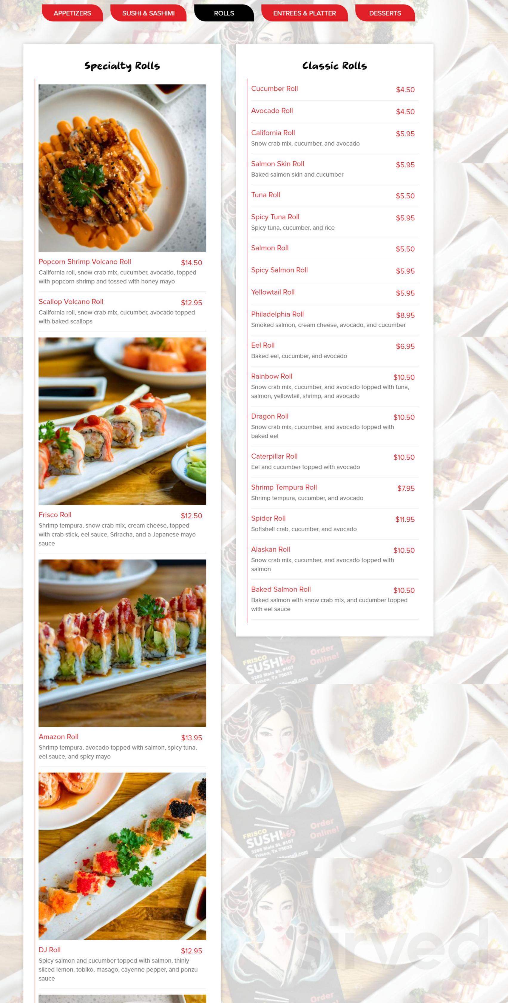 Frisco Sushi 469 menu in Frisco, Texas, USA