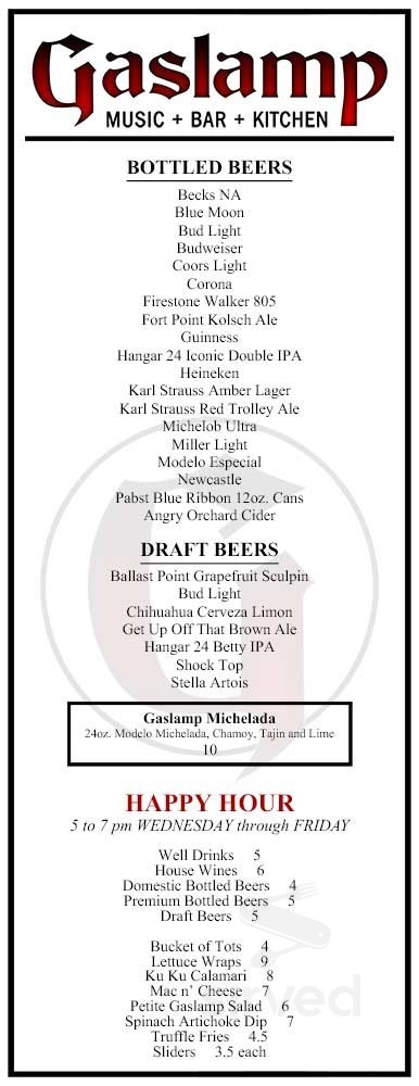 Gaslamp Music + Bar + Kitchen menu in Long Beach, California, USA