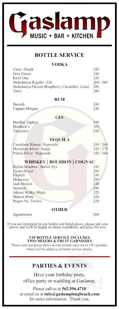 Gaslamp Music + Bar + Kitchen menu in Long Beach, California, USA