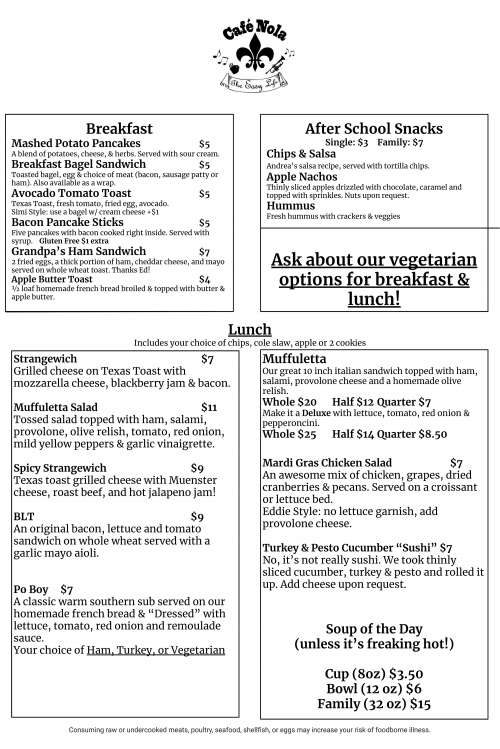 Cafe Nola menu in Kimball, Michigan, USA