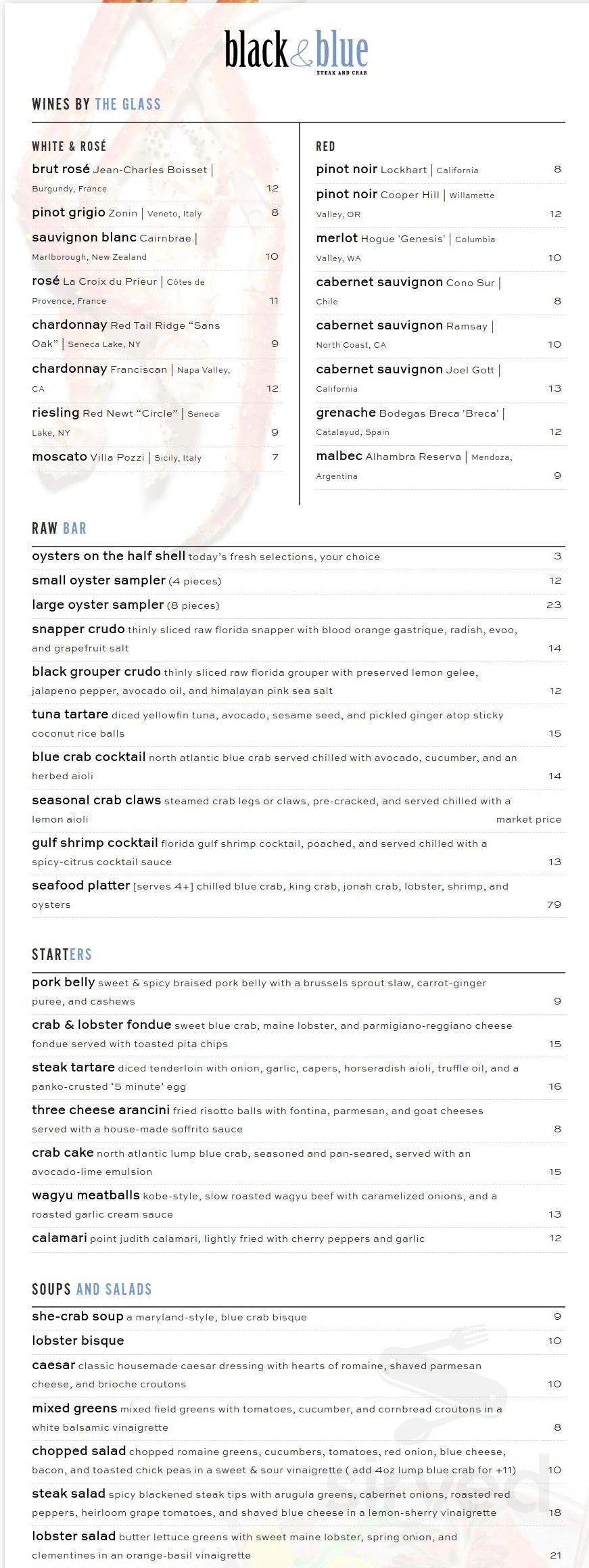 Menu for black & blue Steak and Crab, Buffalo NY in Amherst, NY | Sirved