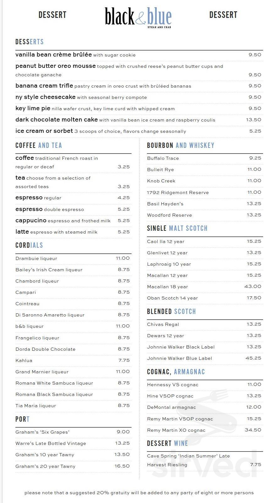 Menu for black & blue Steak and Crab, Buffalo NY in Amherst, NY | Sirved