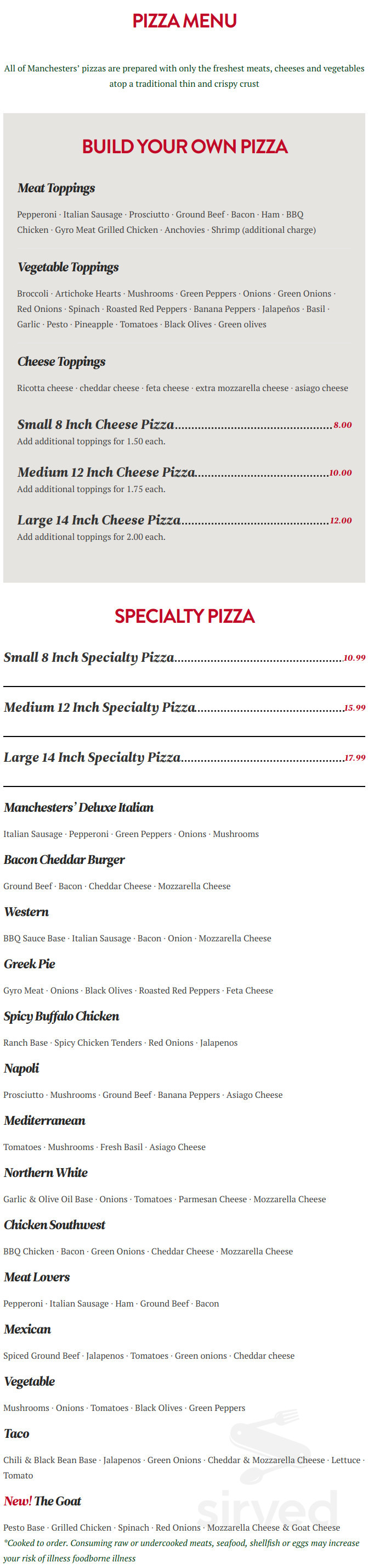 Menu - Raleigh NC's Manchester's Grill | Sirved