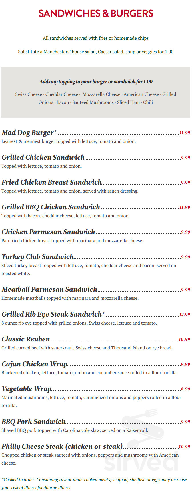 Manchester's Grill menu in Raleigh, North Carolina, USA
