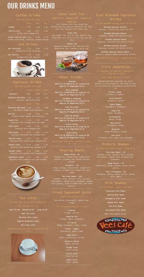 Vees Cafe menu in Los Angeles, California, USA