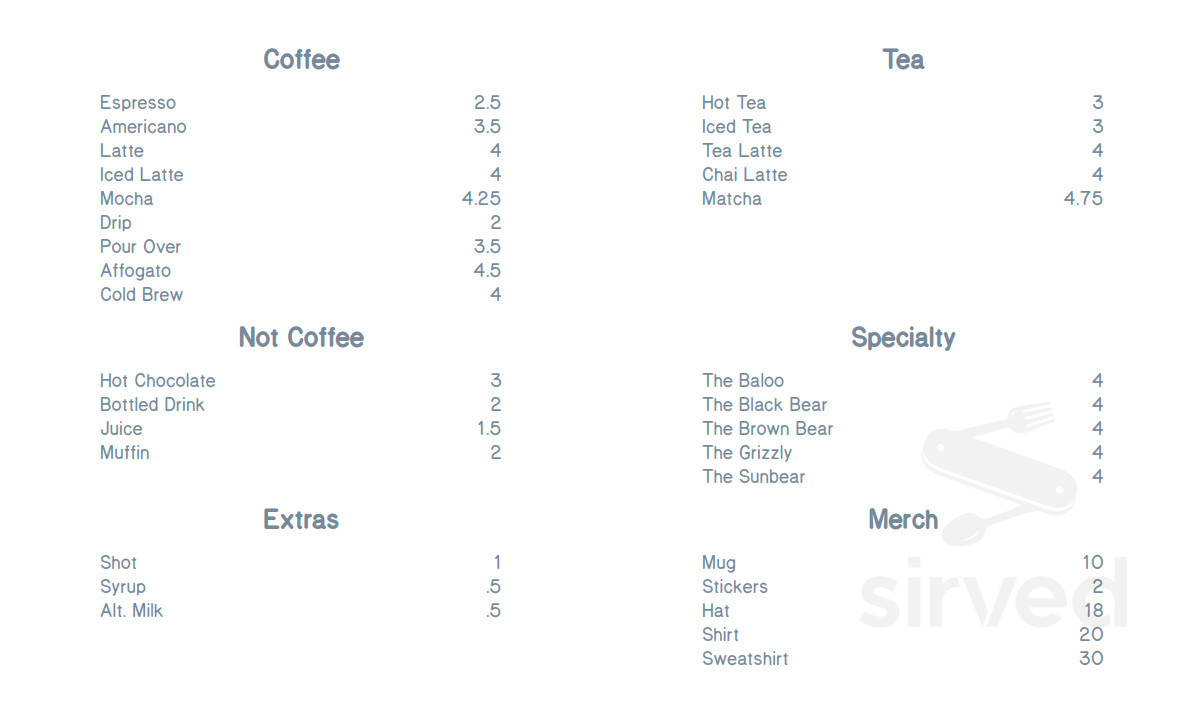 Bear Cave Coffee menu in Mesquite, Texas, USA