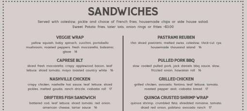 Menu for Drifters Kitchen and Bar in Ridge, NY | Sirved