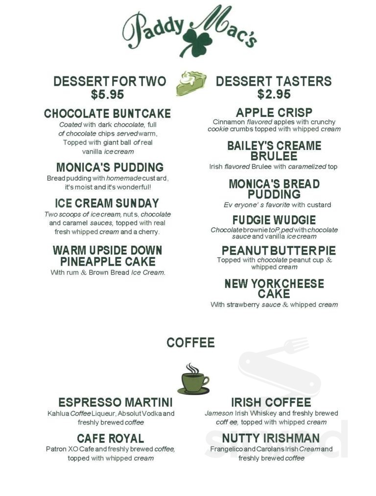 Paddy Mac's Restaurant menu in Palm Beach Gardens, Florida, USA
