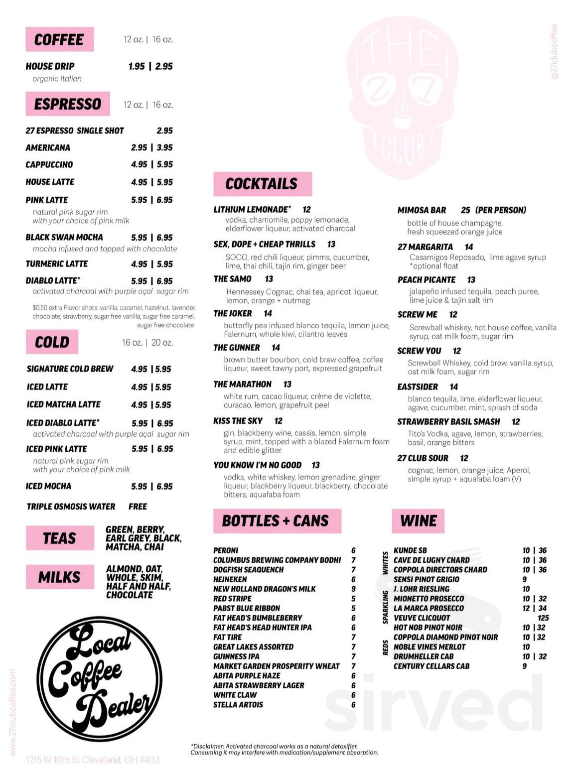 Menu - Cleveland OH's 27 Club Coffee | Sirved
