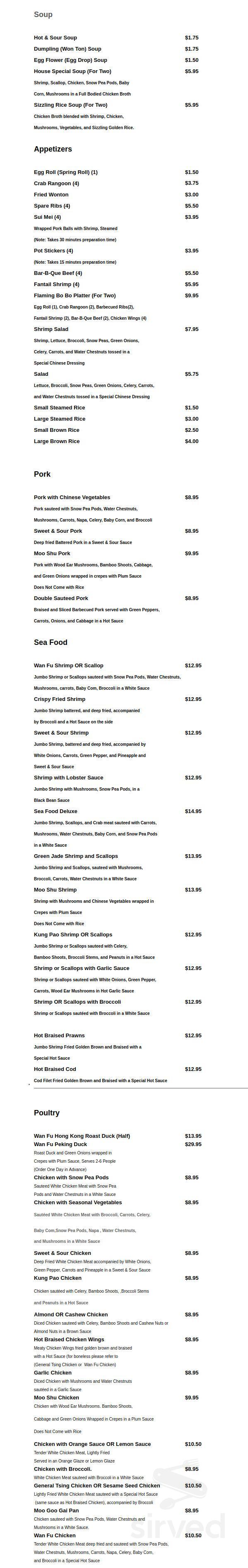 Wan Fu Chinese Restaurant menus in Des Peres, Missouri, United States