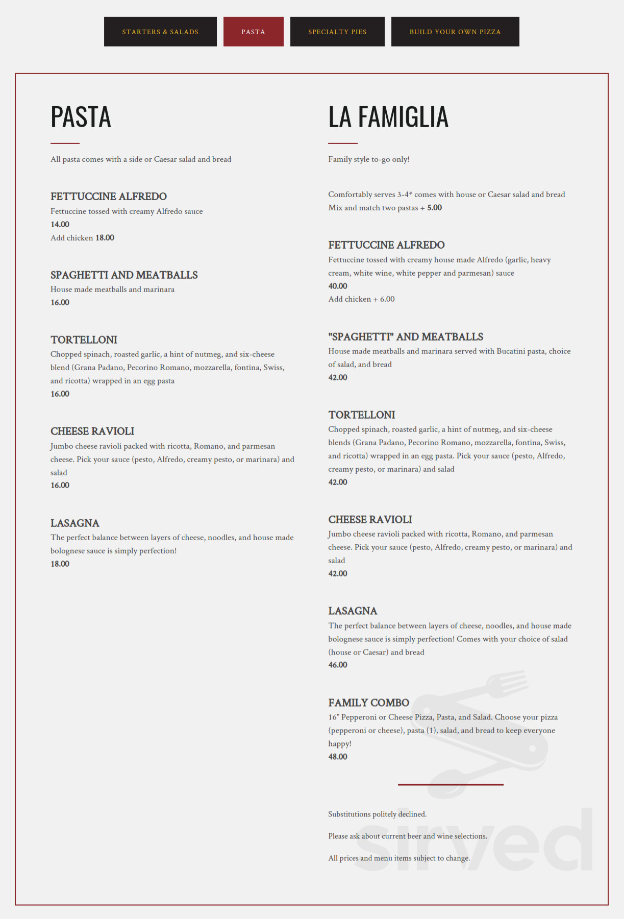 Sprezzatura Pizza, Pasta & Deli menu in Brookings, Oregon, USA