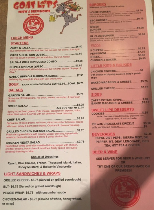 Goat Lips Chew & Brew House menu in Pensacola, Florida, USA