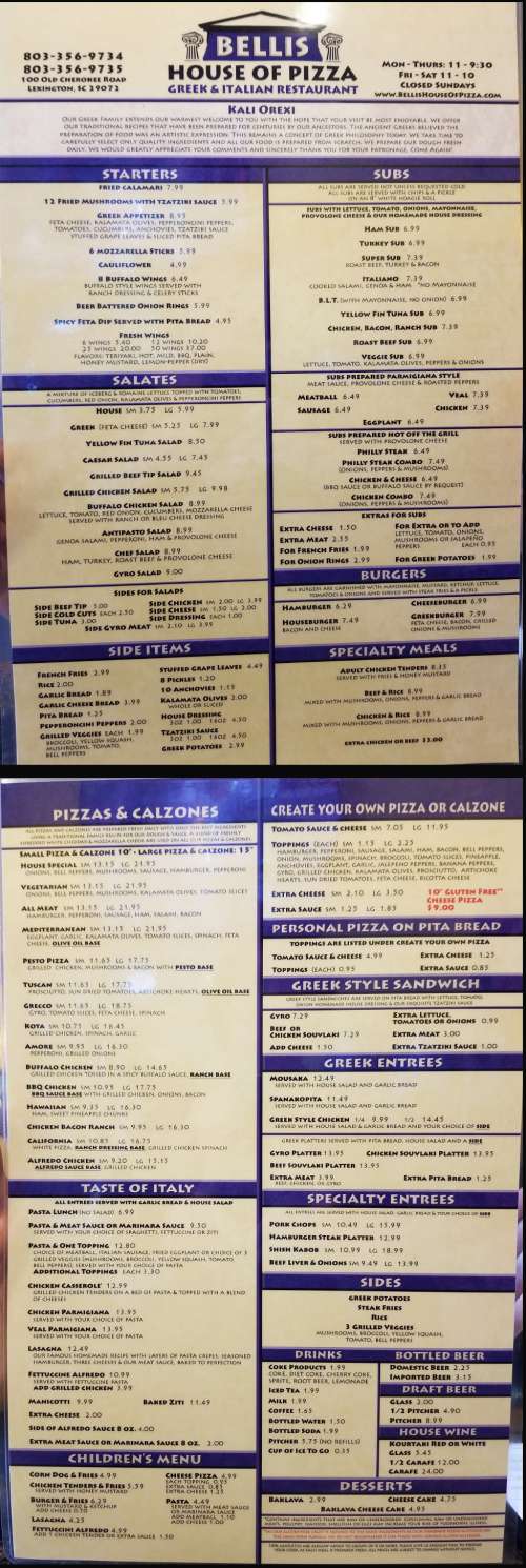 Bellis House of Pizza menu in Lexington, South Carolina, USA