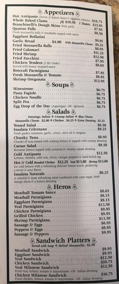 Branchinelli's Pizza & Restaurant menu in Hauppauge, New York, USA
