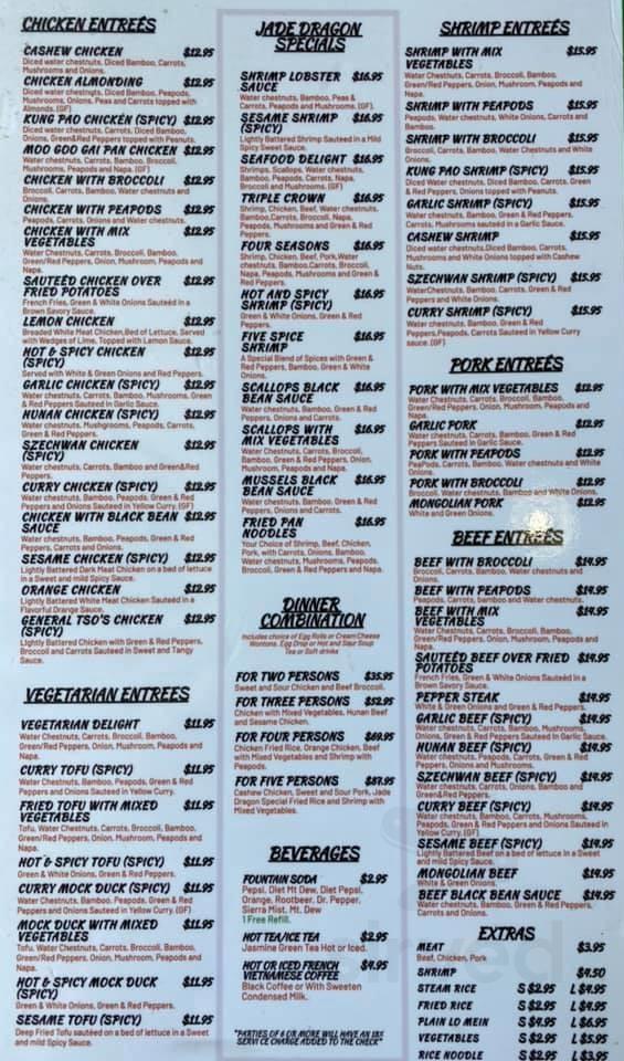 Jade Dragon menu in Fargo, North Dakota, USA