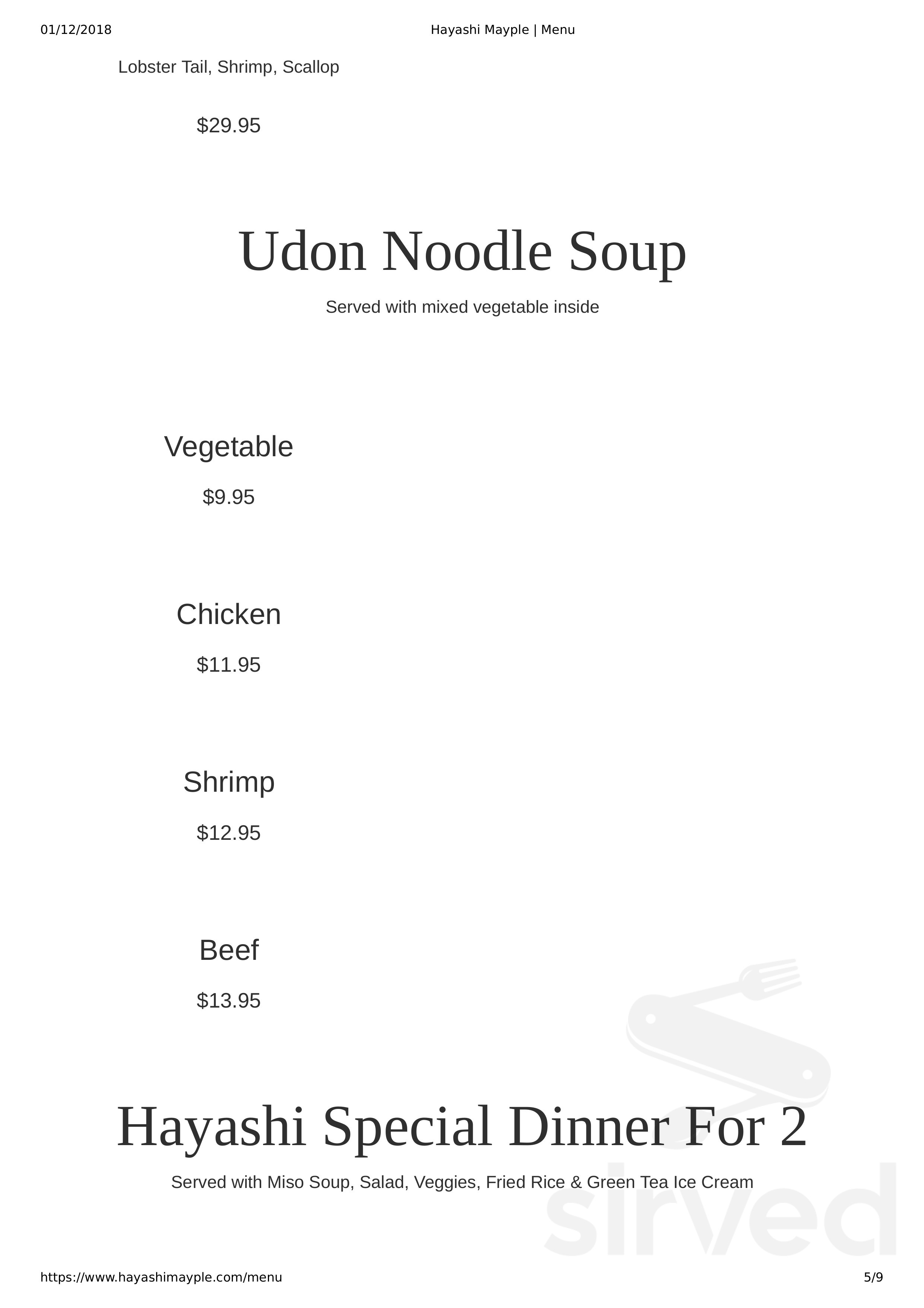 Hayashi mayple Japanese restaurant menus in Chardon, Ohio, United States