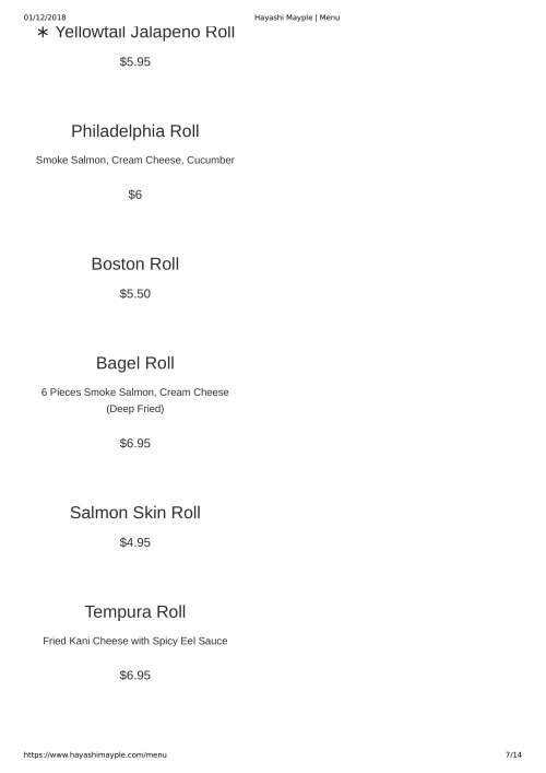 Hayashi mayple Japanese restaurant menu in Chardon, Ohio, USA