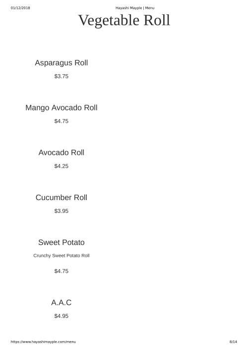 Hayashi mayple Japanese restaurant menu in Chardon, Ohio, USA