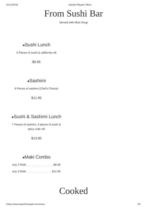 Hayashi mayple Japanese restaurant menu in Chardon, Ohio, USA