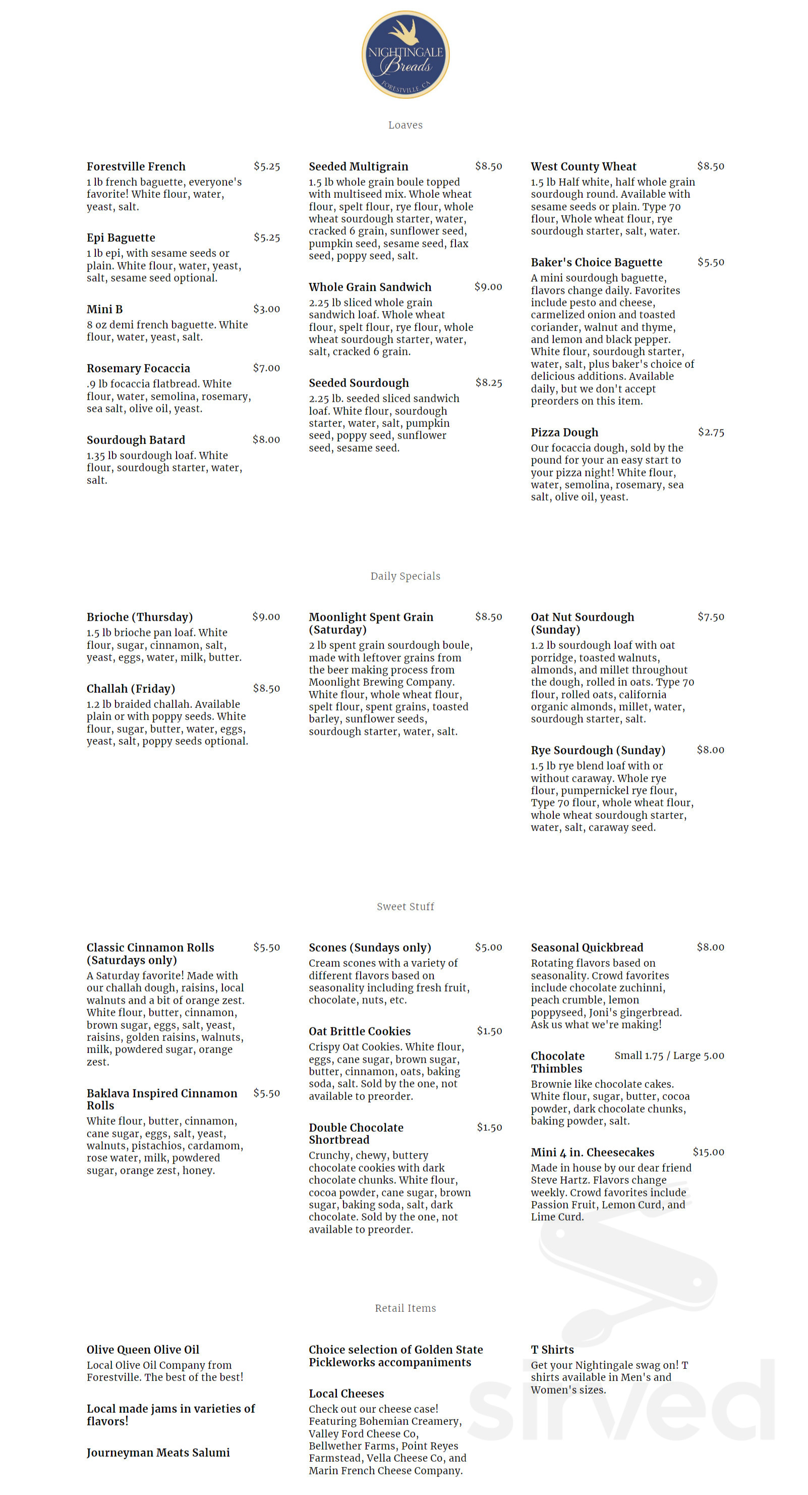 Nightingale Breads menu in Forestville, California, USA