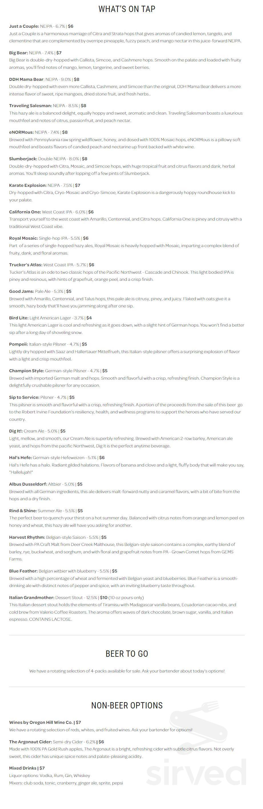 Bald Birds Brewing Company menu in Jersey Shore, Pennsylvania, USA