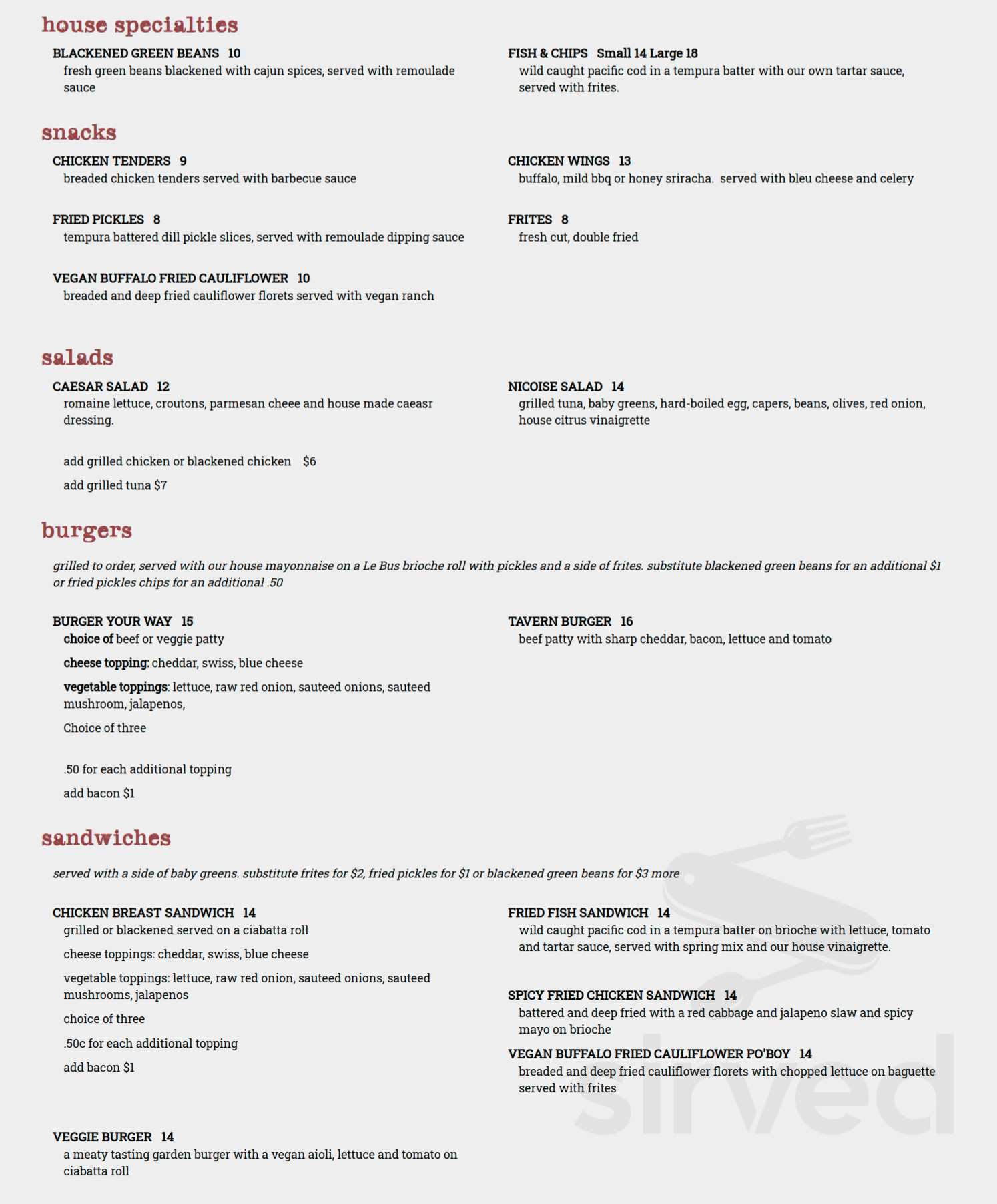 Menu - Philadelphia PA's Grace Tavern | Sirved