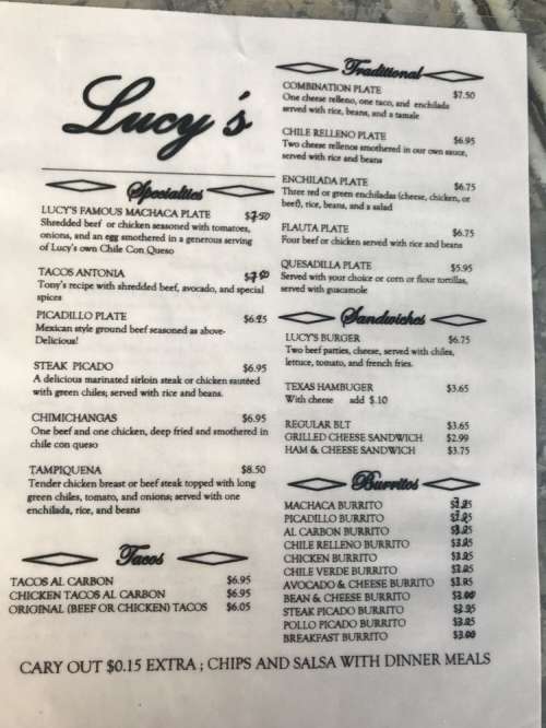 Lucy's Cafe menu in El Paso, Texas, USA
