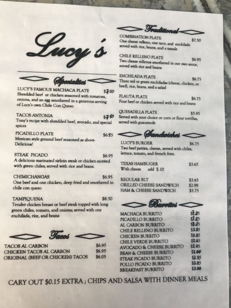 Lucy's Cafe menu in El Paso, Texas, USA