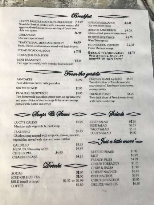 Lucy's Cafe menu in El Paso, Texas, USA