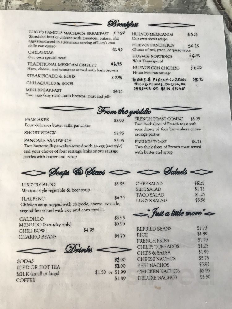 Lucy's Cafe menu in El Paso, Texas, USA