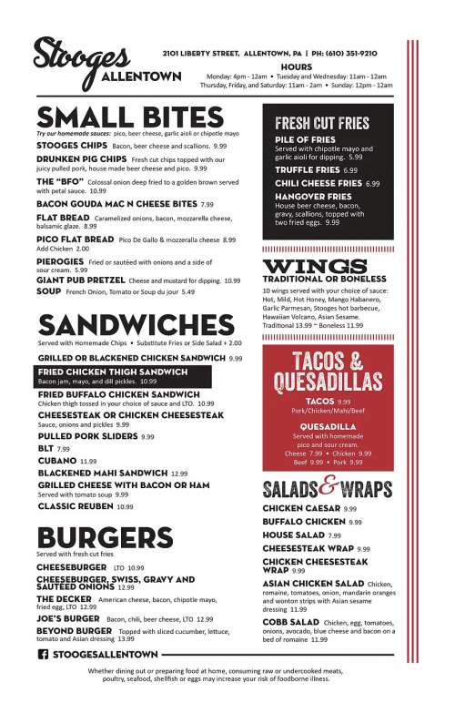 Stooges menu in Allentown, Pennsylvania, USA