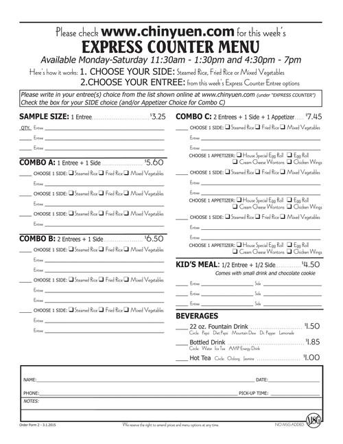 Chin Yuen menu in Monticello, Minnesota, USA