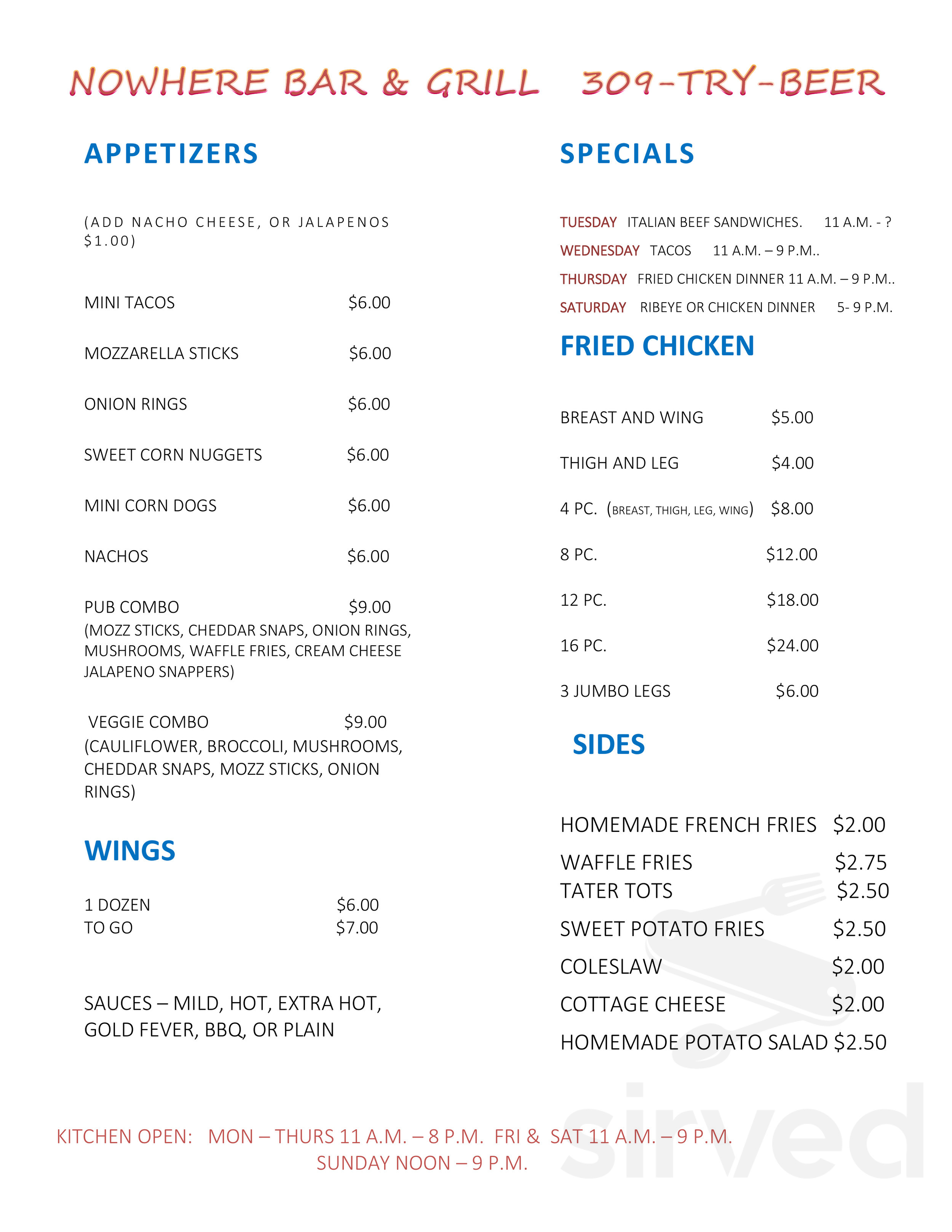 Nowhere Bar & Grill menu in Victoria, Illinois, USA