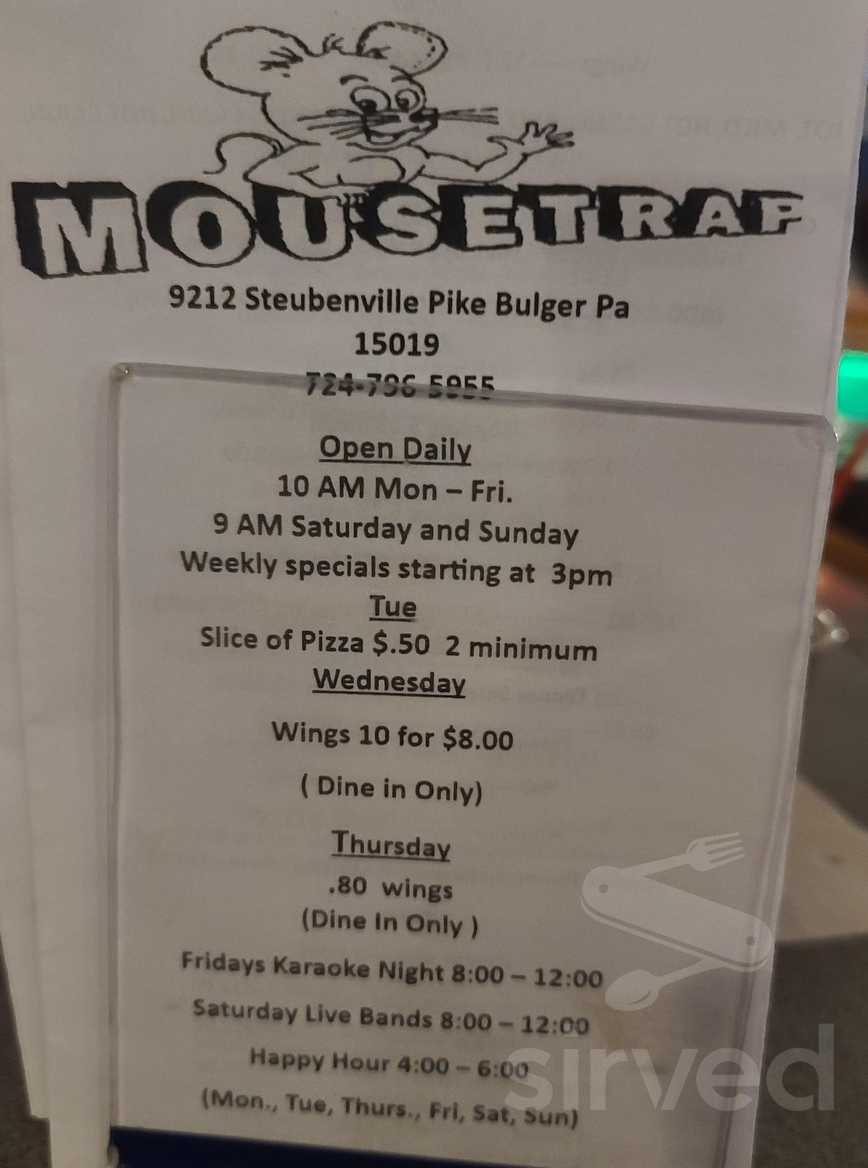 Menu - Bulger PA's Mousetrap | Sirved