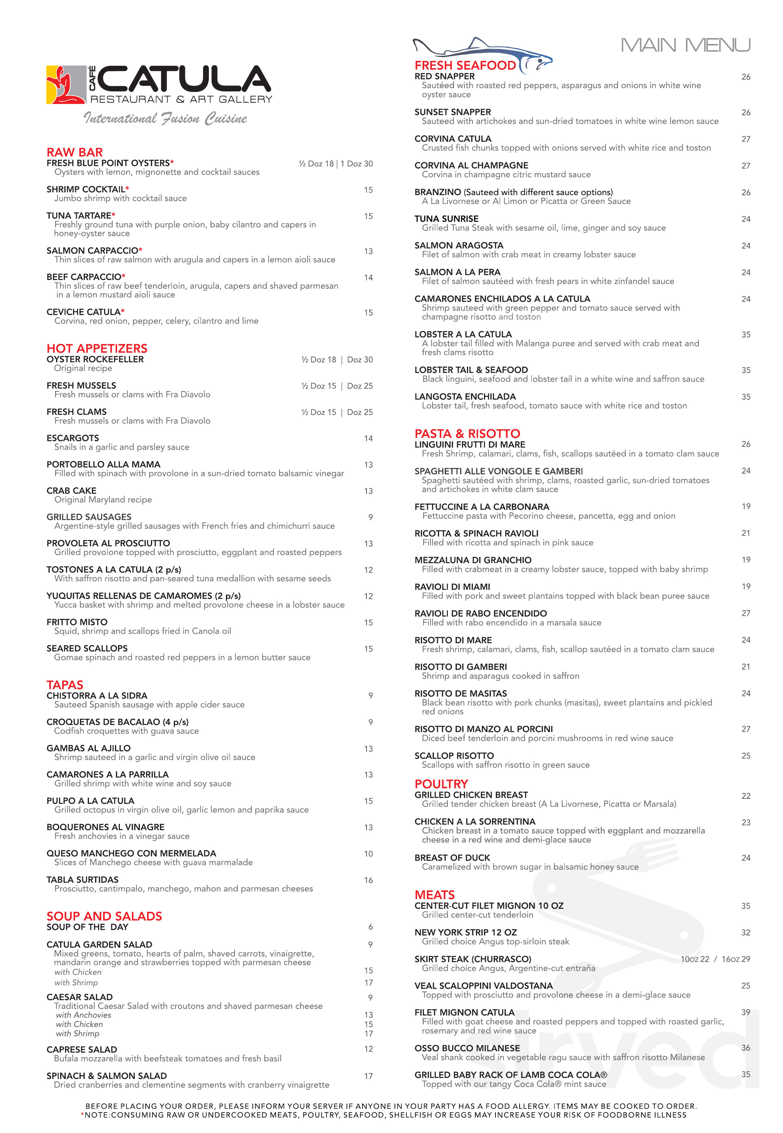 Café Catula menu in Miami, Florida, USA