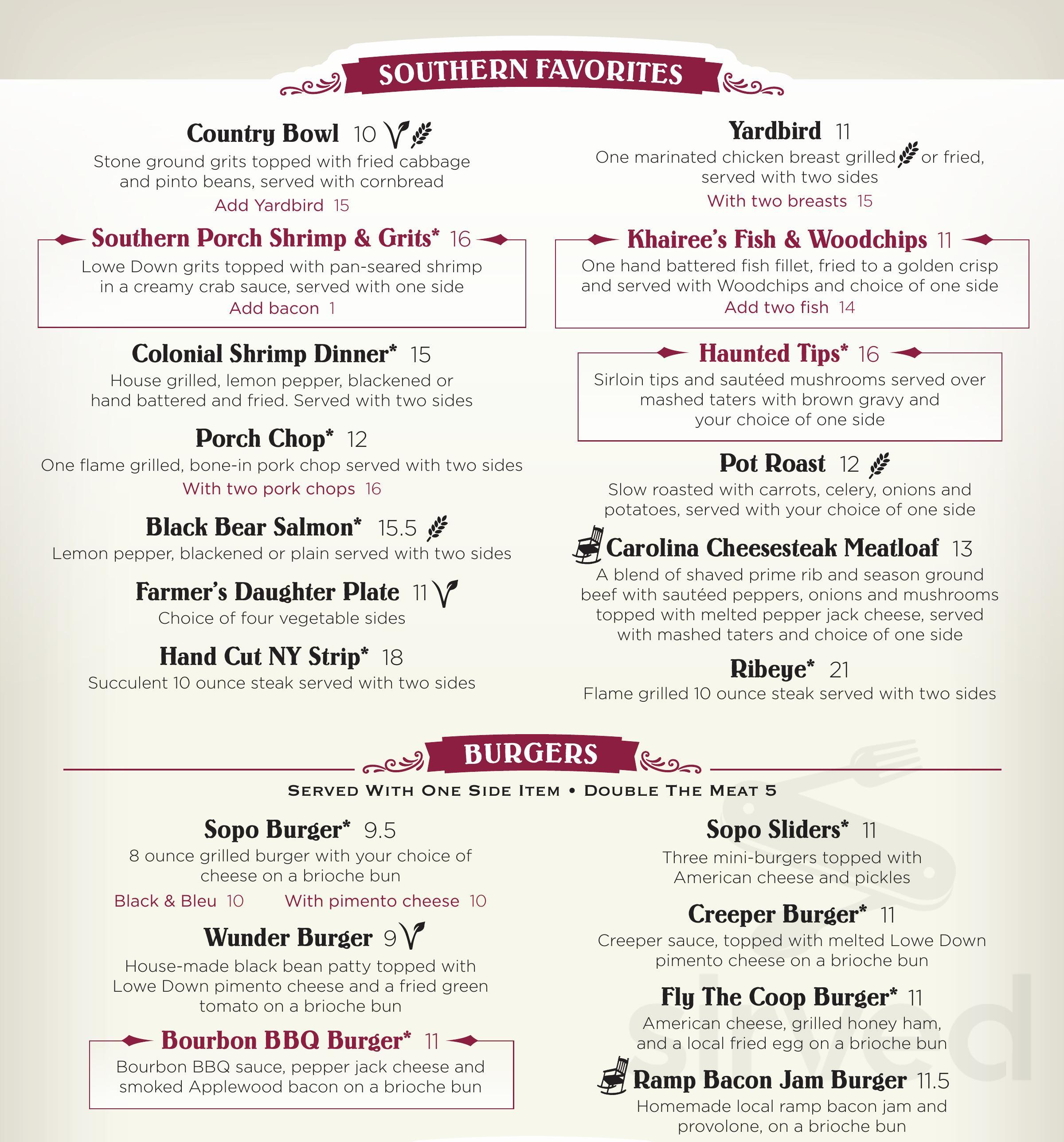Menu - Canton NC's Southern Porch | Sirved