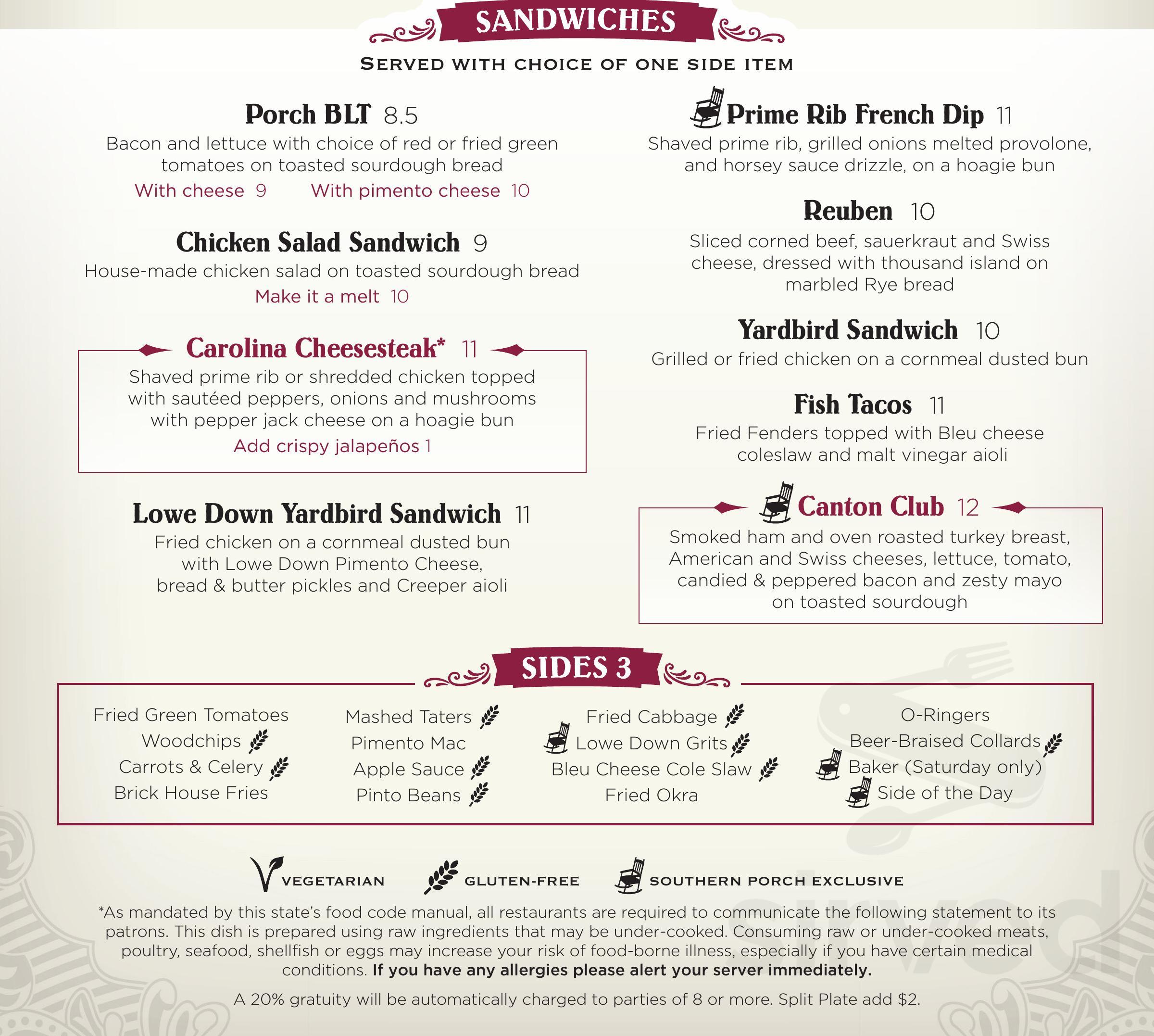 Menu - Canton NC's Southern Porch | Sirved