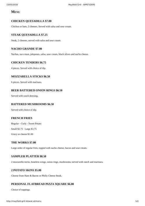 Mayfield Grill menu in Mayfield, New York, USA