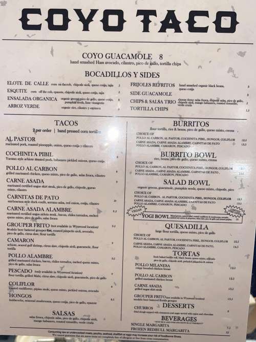 Coyo Taco menu in Miami, Florida, USA