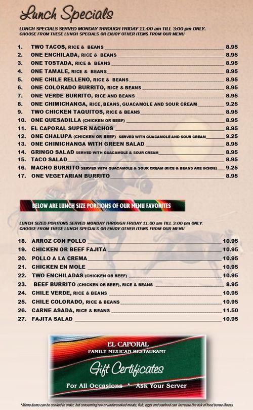 El Caporal menu in Maple Valley, Washington, USA