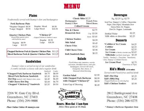 Stamey's Barbecue menu in Greensboro, North Carolina, USA