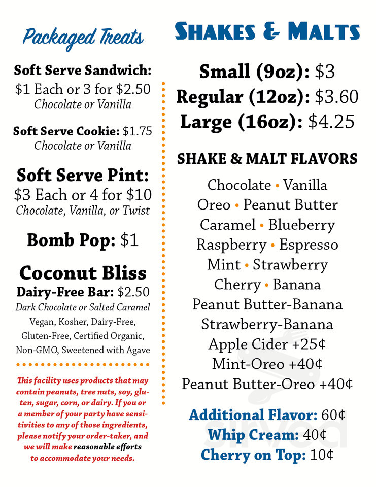 Corner Cone menu in Lake Ann, Michigan, USA