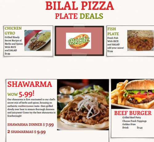 Bilal Pizza menu in Scarborough, Ontario, Canada