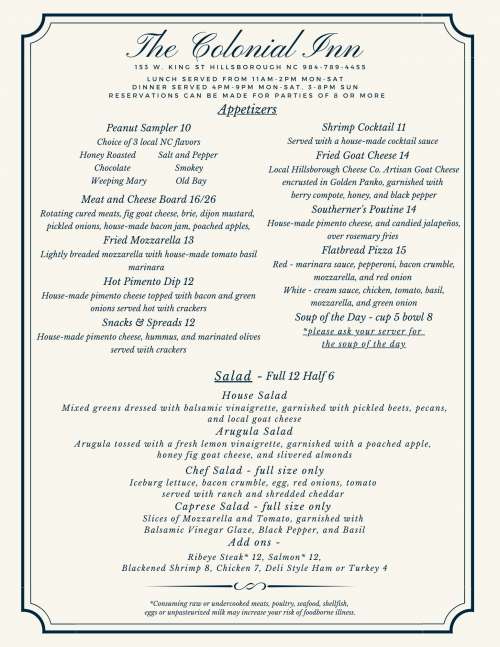 The Colonial Inn menu in Hillsborough, North Carolina, USA