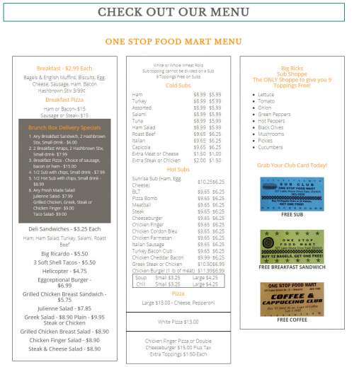 Big Rick's One Stop menu in Dunkirk, New York, USA