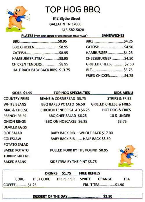 Top Hog BBQ menu in Gallatin, Tennessee, USA
