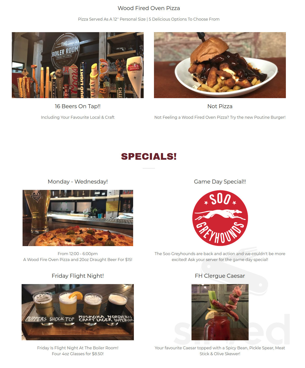 The Boiler Room menu in Sault Ste. Marie, Ontario, Canada