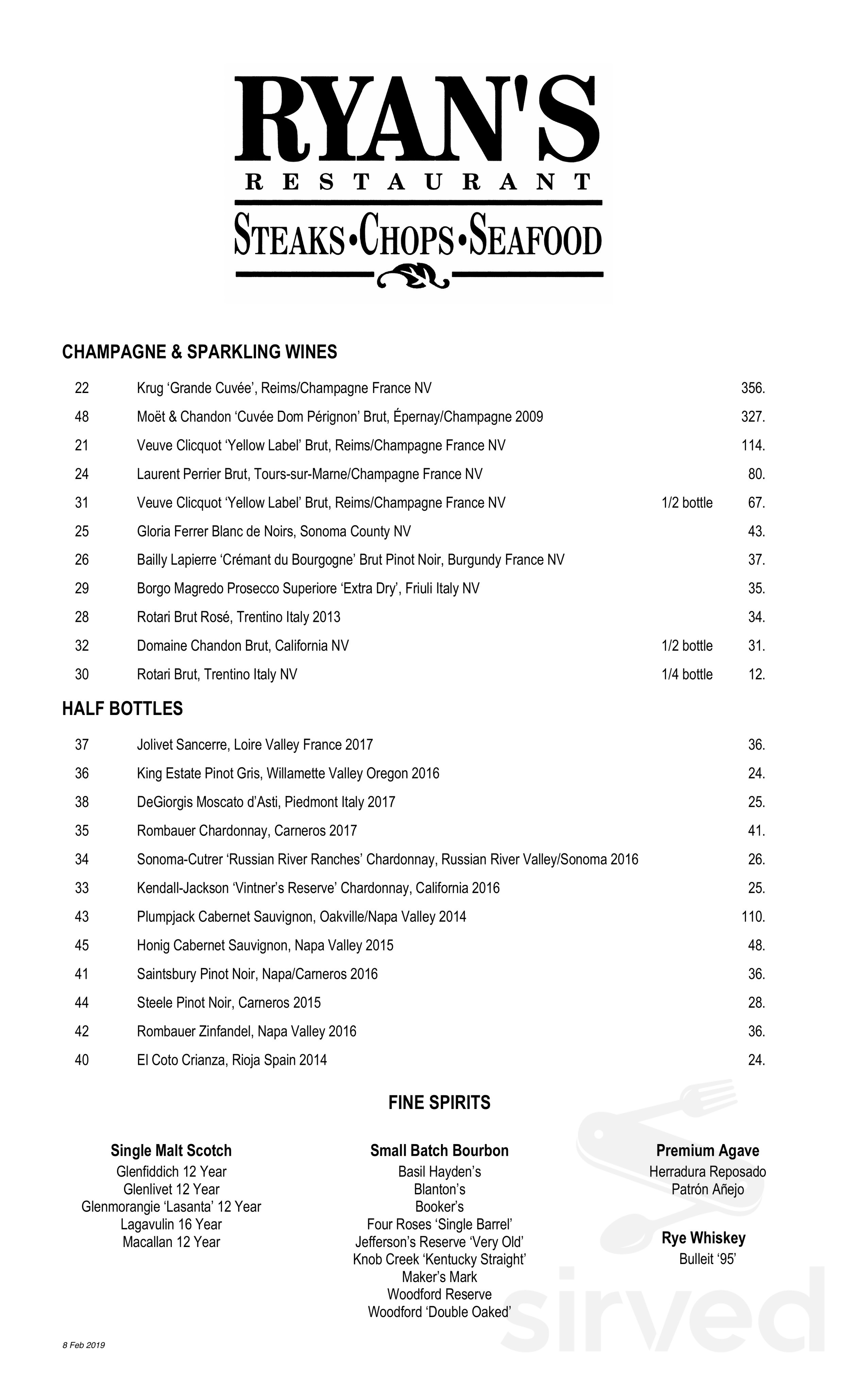 Ryan's Restaurant -Steaks-Chops & Seafood menu in Winston-Salem, North ...